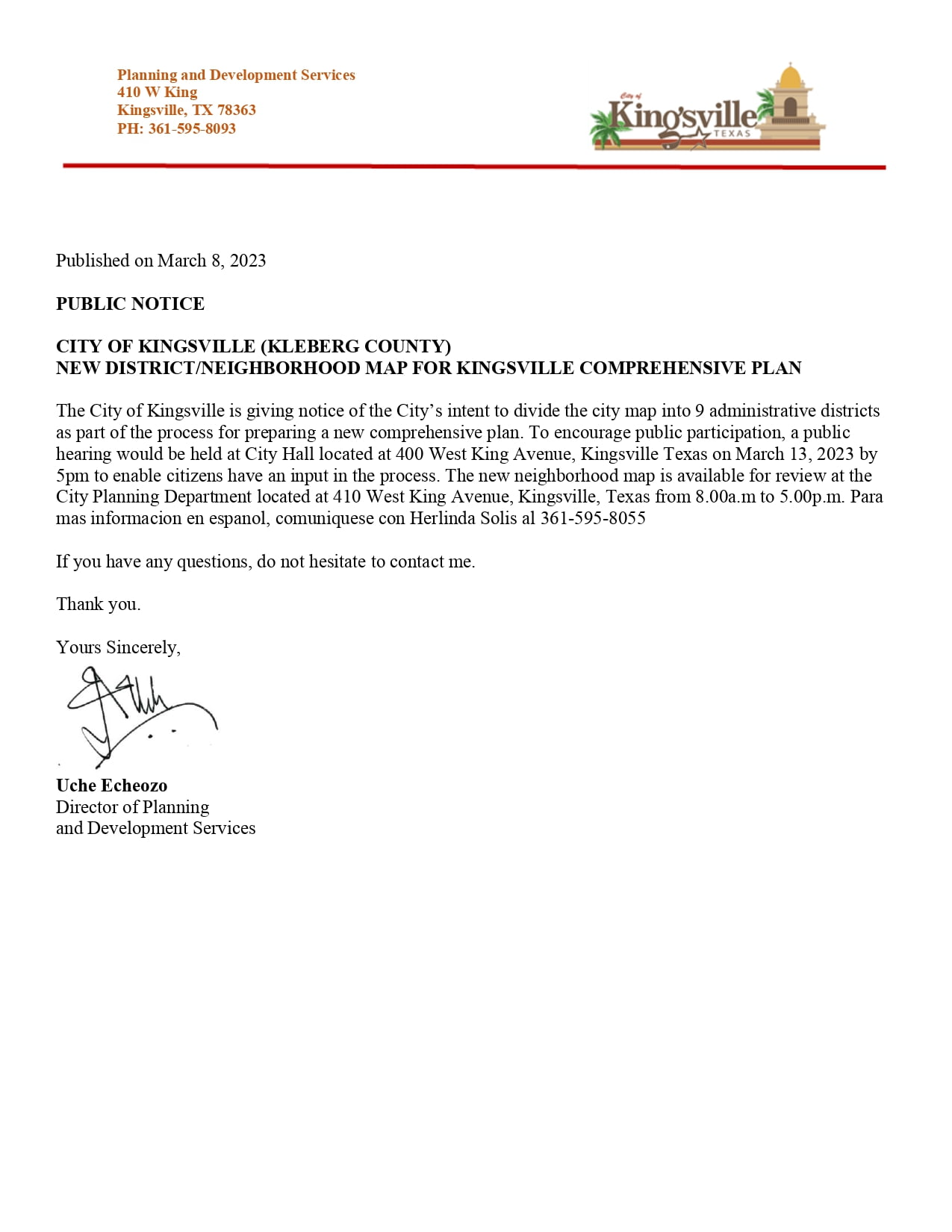 PUBLIC NOTICE - CITY OF KINGSVILLE (KLEBERG COUNTY) NEW DISTRICT ...